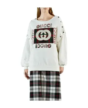 Gucci Cotton Sweater With Retro Logo And Plaid Embroidery