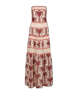 Johanna Ortiz Strapless Botanical Print Tiered Maxi Dress - Nude
