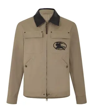 Burberry Khaki Cotton Field Jacket With Leather Collar And Embroidered Badge