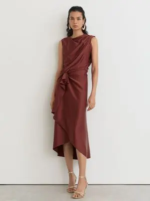 REISS Mabel Satin Frill-detail Draped Midi Dress - Rust Orange
