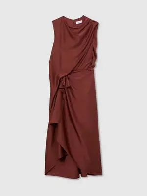 REISS Mabel Satin Frill-detail Draped Midi Dress