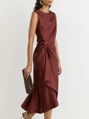 REISS Mabel Satin Frill-detail Draped Midi Dress