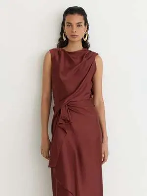 REISS Mabel Satin Frill-detail Draped Midi Dress