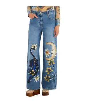 Farm Rio Star Moon Print Wide Leg Jeans