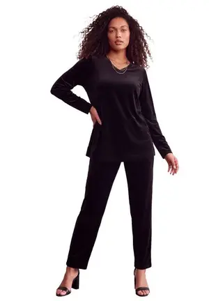 Roaman's Two Piece V Neck Velour Set - Black