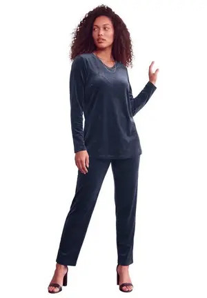 Roaman's Two Piece V Neck Velour Set - Navy