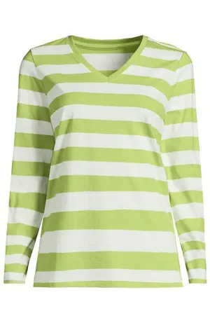 LANDS' END Supima Cotton Long Sleeve V-neck T-shirt - Ivory/apple Green Bold Stripe