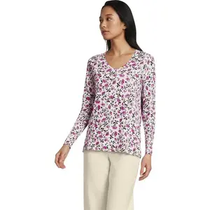 LANDS' END Cotton Long Sleeve V-neck T-shirt - Ivory/pink Hydrangea