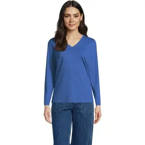 LANDS' END Cotton Long Sleeve V-neck T-shirt - Muted Cobalt Blue