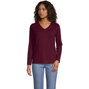 LANDS' END Cotton Long Sleeve V-neck T-shirt - Rich Burgundy