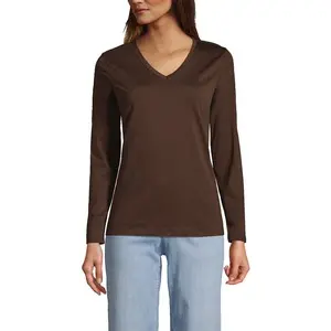 LANDS' END Cotton Long Sleeve V-neck T-shirt - Rich Coffee