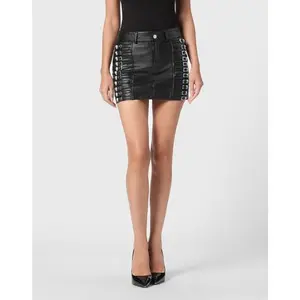 Philipp Plein Leather Mini Skirt With Skull Embellishments