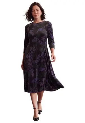 Roaman's Velour Swing Dress With 3/4 Sleeves - Black