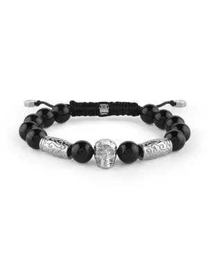 Philipp Plein Onyx And Stainless Steel Bracelet With Skull Motif - Black/silver