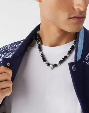 Philipp Plein Onyx And Stainless Steel Bracelet With Skull Motif