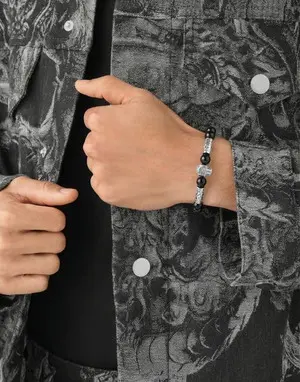 Philipp Plein Onyx And Stainless Steel Bracelet With Skull Motif