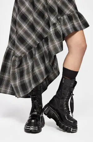 DISTURBIA Noemi Check Asymmetrical Ruffle Maxi Dress