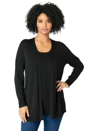 Roaman's Drop Needle Cardigan Lightweight Sweater Knit - Black