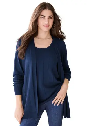 Roaman's Drop Needle Cardigan Lightweight Sweater Knit - Navy