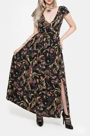 DISTURBIA Dionaea Flytrap Print V-neck Maxi Dress