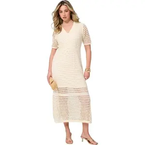 Roaman's Openwork Knit V-neck Tiered Maxi Dress - Ivory