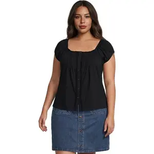 LANDS' END Lands' End Sleeveless Lightweight Jersey Pintuck Button-Front Blouse Black