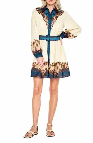 CIEBON Teya Long Sleeve Belted Shirtdress - Cream Multi
