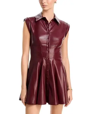 Alice + Olivia Faux Leather Paneled Corset Mini Shirt Dress - Cognac