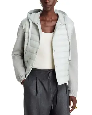 Herno Quilted Hooded Mixed Media Coat - Light Blue