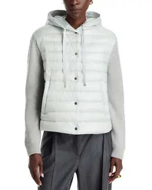 Herno Quilted Hooded Mixed Media Coat - Light Blue