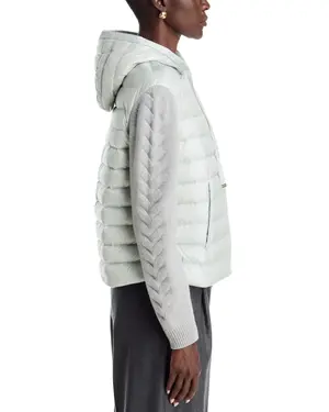 Herno Quilted Hooded Mixed Media Coat - Light Blue