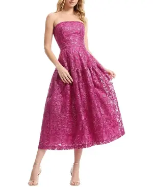 Dress The Population Gemma Strapless Floral Lace Tiered Midi Dress