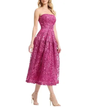 Dress The Population Gemma Strapless Floral Lace Tiered Midi Dress