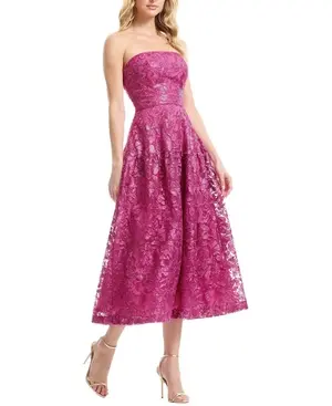 Dress The Population Gemma Strapless Floral Lace Tiered Midi Dress