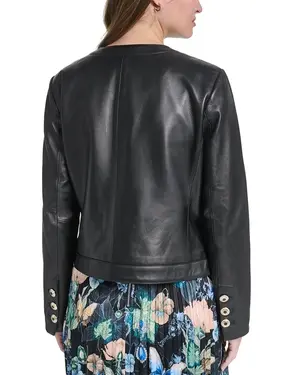 Karl Lagerfeld Paris Leather Collarless Jacket With Button Detailing