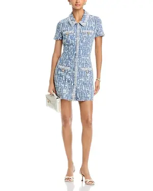 SELF-PORTRAIT Collared Textured Denim Mini Dress