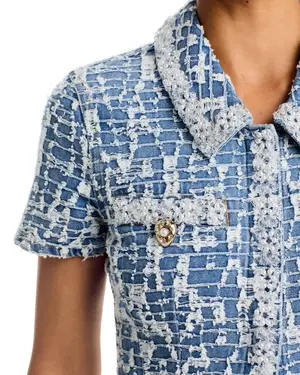 SELF-PORTRAIT Collared Textured Denim Mini Dress