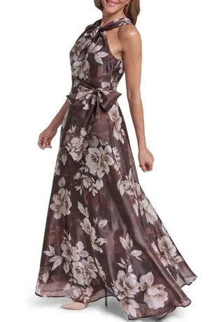 Eliza J Floral Twist Neck Organza Ballgown - Chocolate