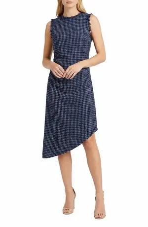 Maggy London Tweed Asymmetrical Midi Dress - Navy