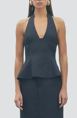 MAUDE CLUB Brynn Peplum Halter Top - Navy Black