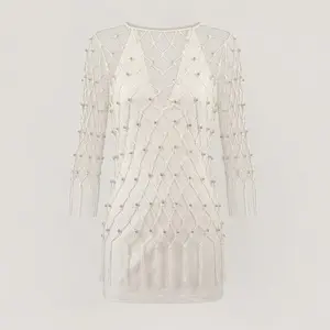 TOHEN Neutrals Manon Beaded Mini Dress