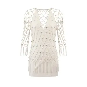 TOHEN Neutrals Manon Beaded Mini Dress