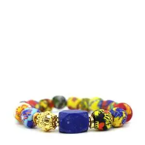 Shar Oke African Glass Medley Bali Bracelet With Lapis Lazuli And 18k -plated Brass