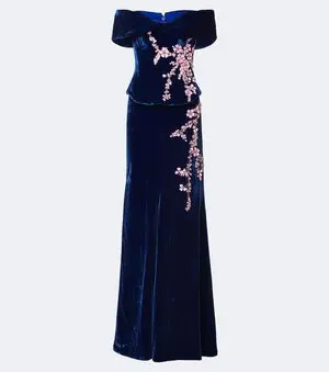 Costarellos Rielle Embellished Floral-appliqué Velvet Gown - Blue