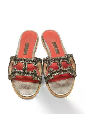 Carolina Herrera Initials Insignia Crystal Embellished Slides - Black
