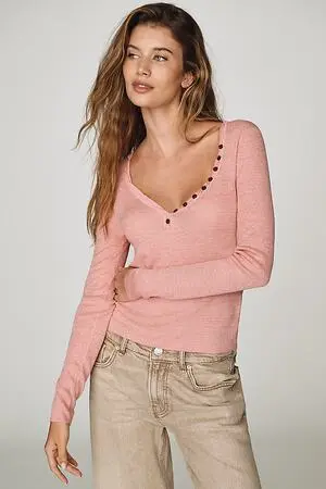 PILCRO Linen-wool Blend Henley Sweater - Mauve