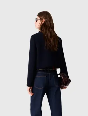 Maje Short Double-breasted Tweed Jacket With Gold Button Detail
