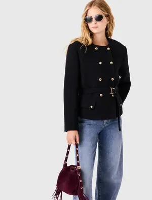 Maje Textured Double-breasted Belted Jacket