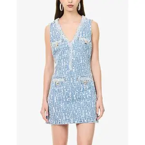 SELF-PORTRAIT Bead-embellished Mosaic Denim Mini Dress