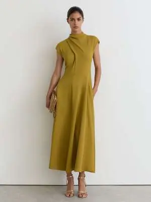 REISS Alma High-neck Pleat-detail Midi Dress - Chartreuse Green